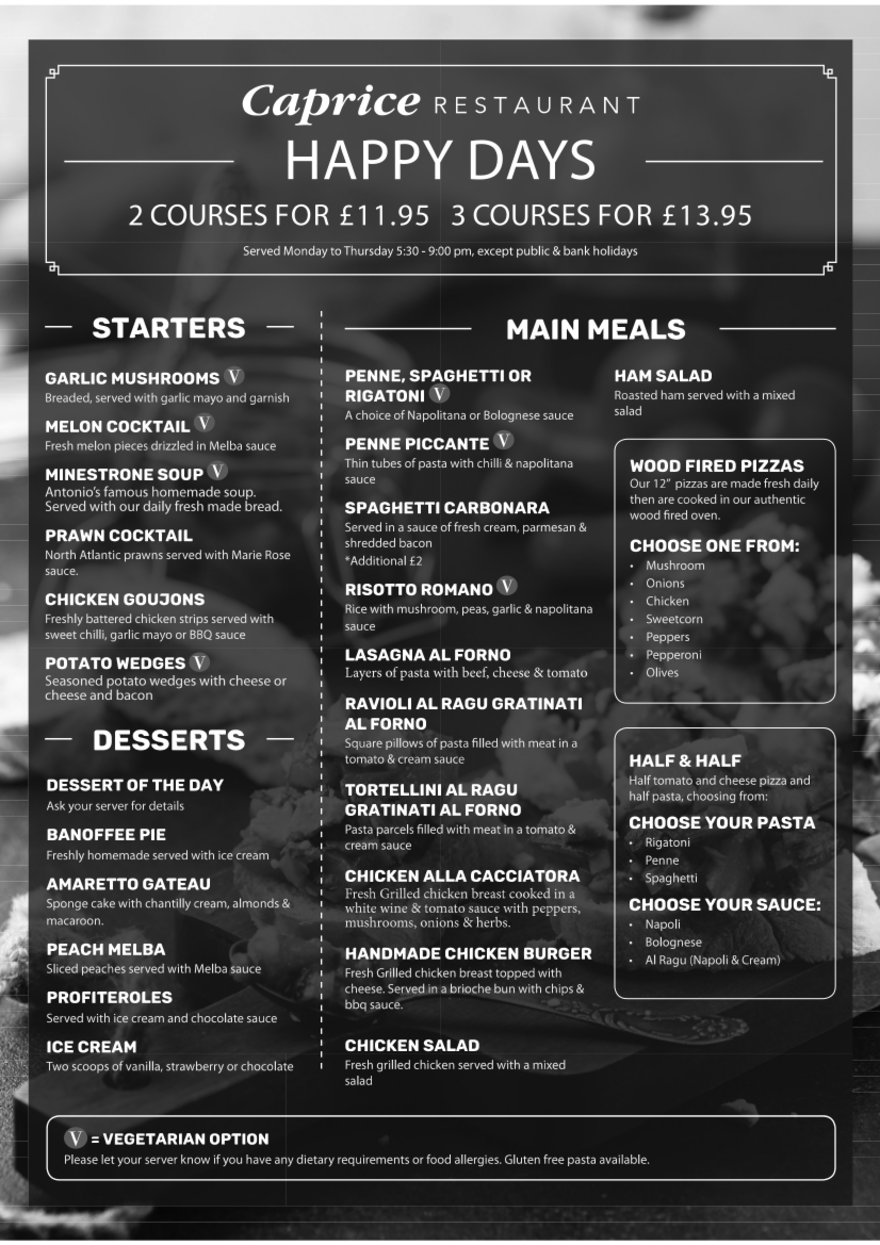 Menu | Caprice Restaurant