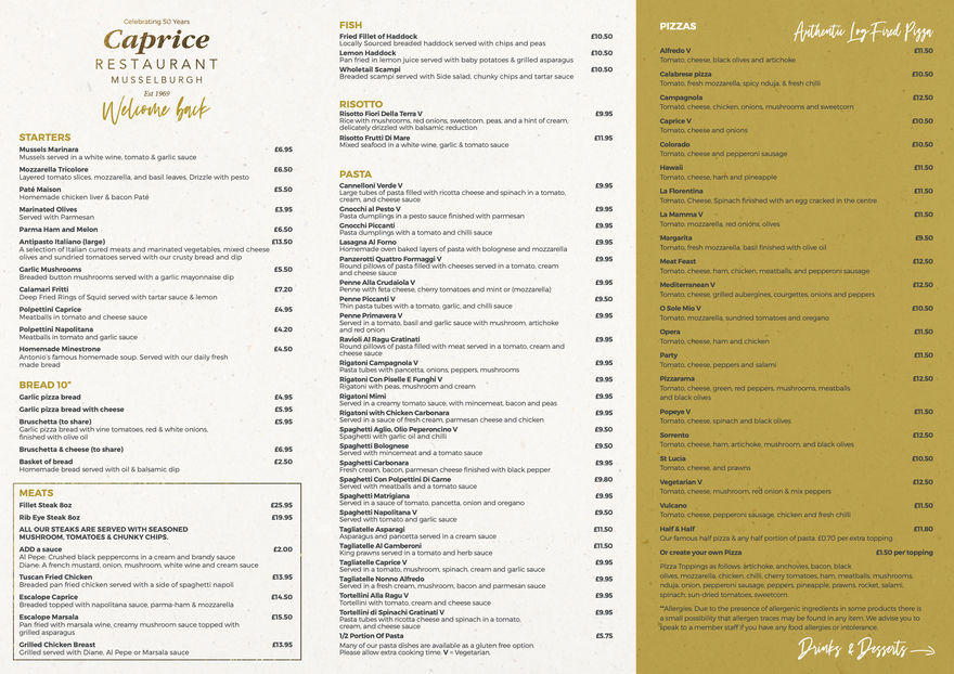 Menu | Caprice Restaurant